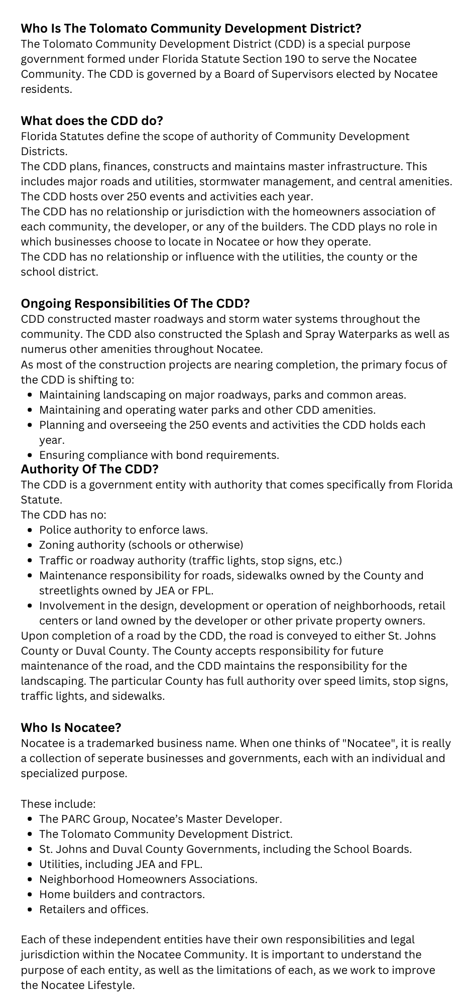 Nocatee and the Tolomato CDD